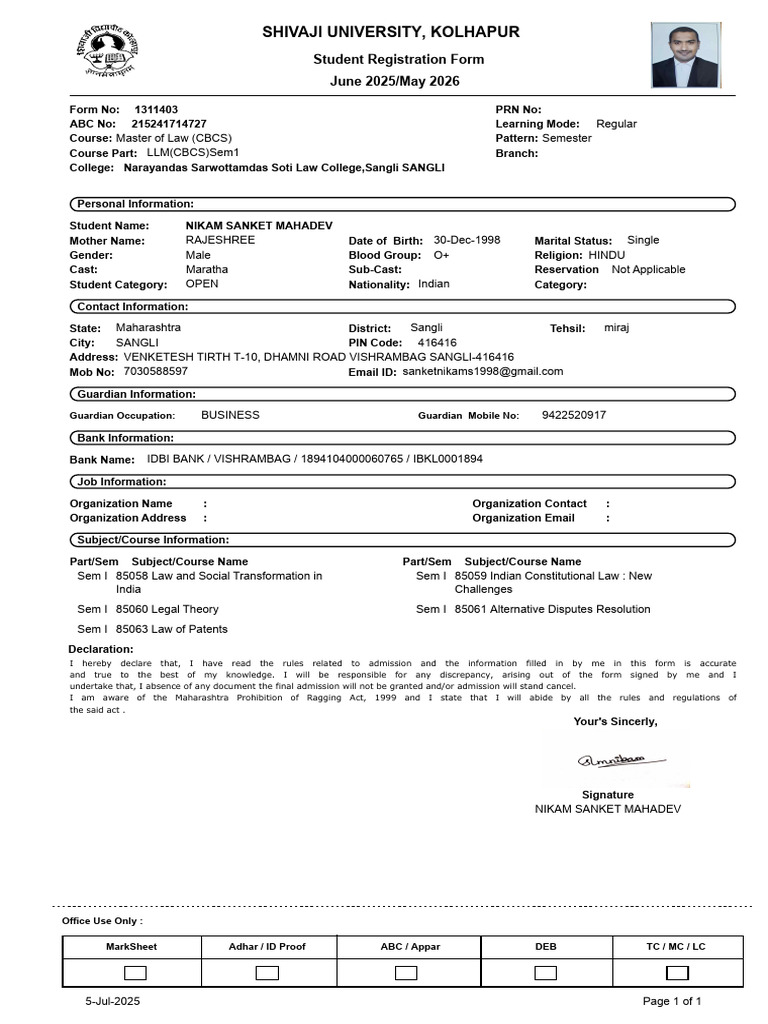 NS Law College - Students Registration Form | PDF | Justice | Crime ...