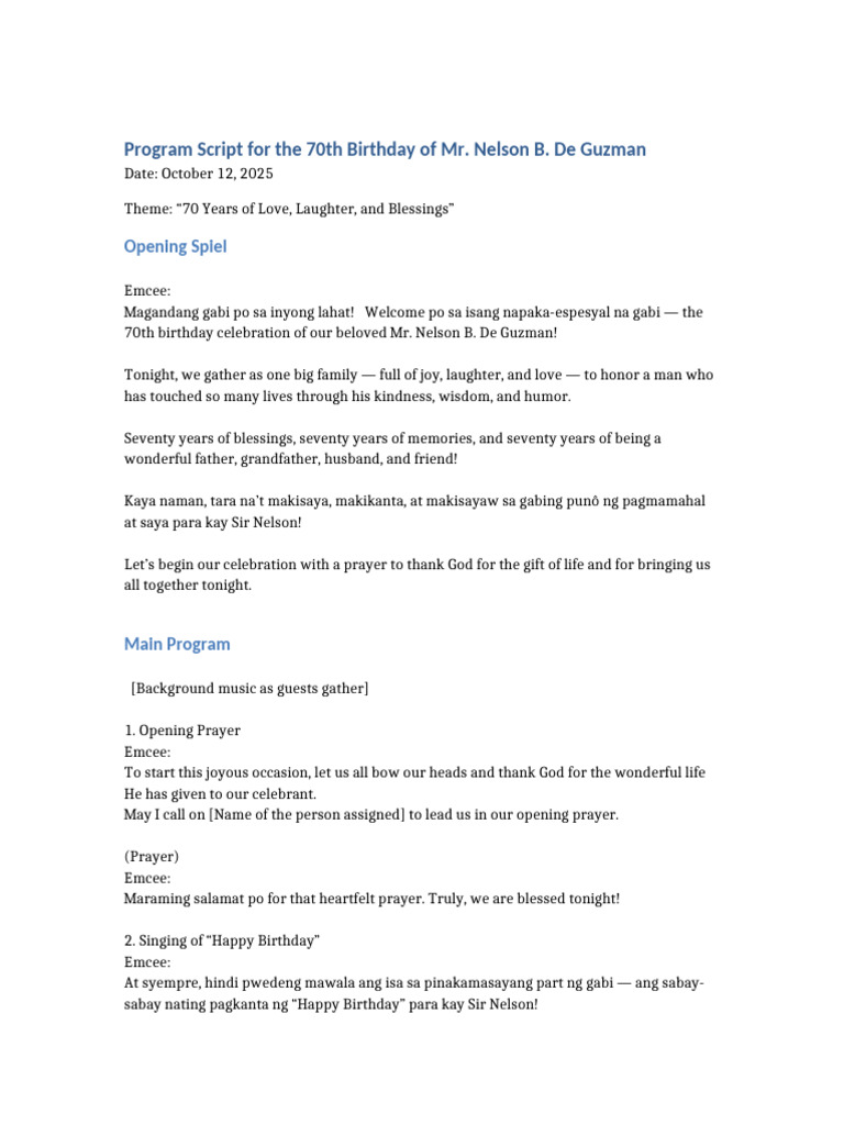 70th Birthday Program for Mr. De Guzman | PDF
