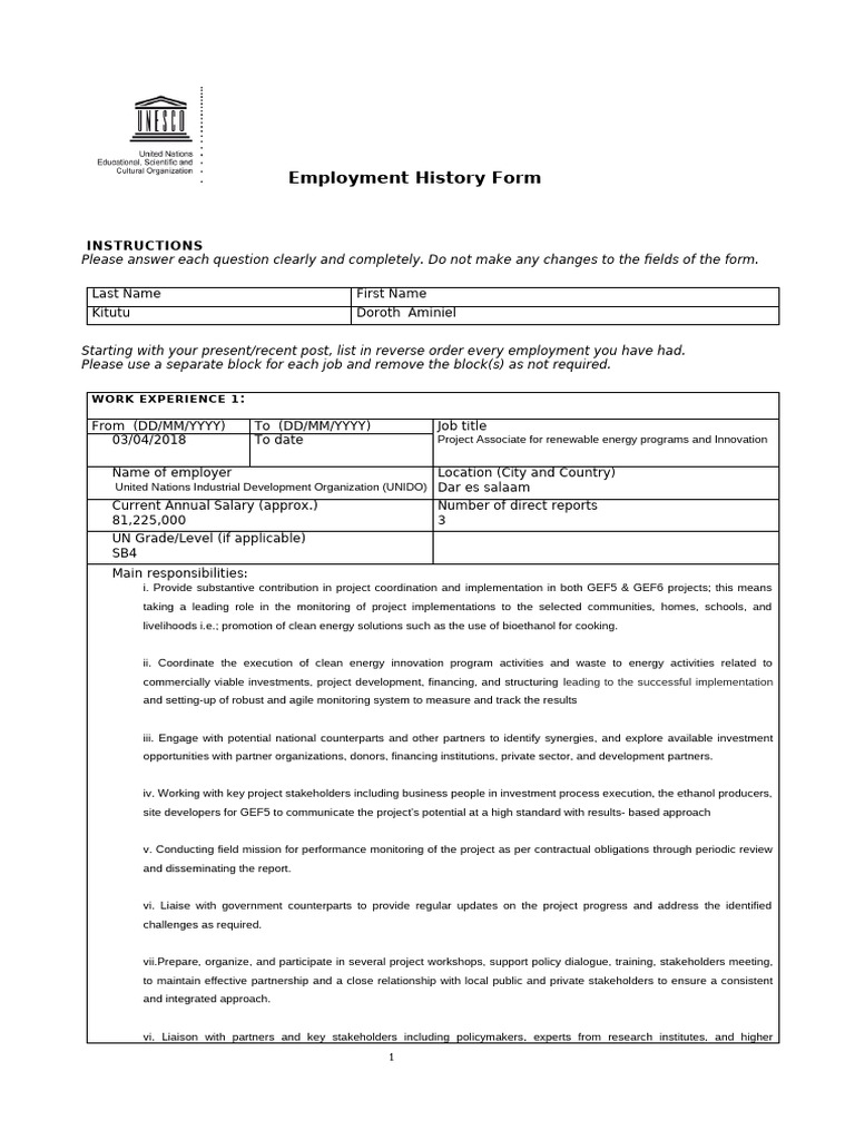UNESCOEmploymentHistoryForm Updated Template Final | PDF | Tanzania ...