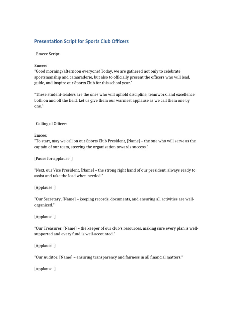 Sports Club Officers Presentation Script | PDF