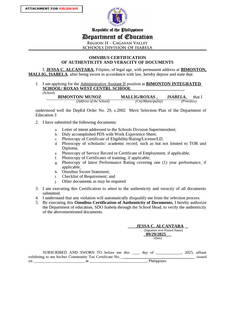 Omnibus Sworn Statement for DepEd Application | PDF