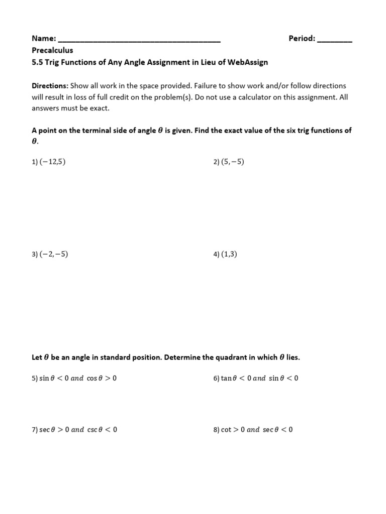 5.5 Trig Functions of Any Angle Assignment | PDF | Trigonometry ...