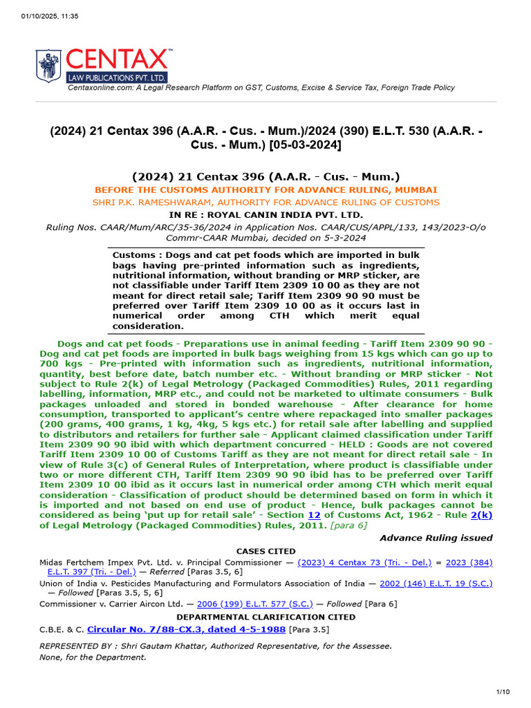 (2024) 21 Centax 396 (A.A.R. - Cus. - Mum.) /2024 (390) E.L.T. 530 (A.A ...