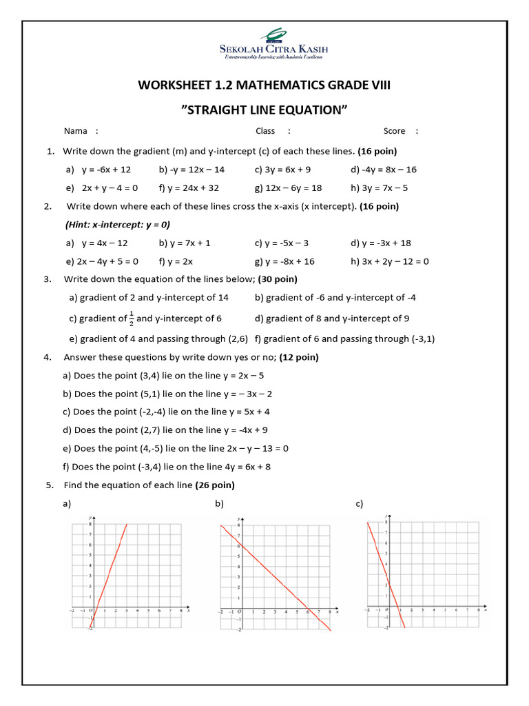 Ws 2 Mathematics Grade Viii Straight Line Equation | PDF