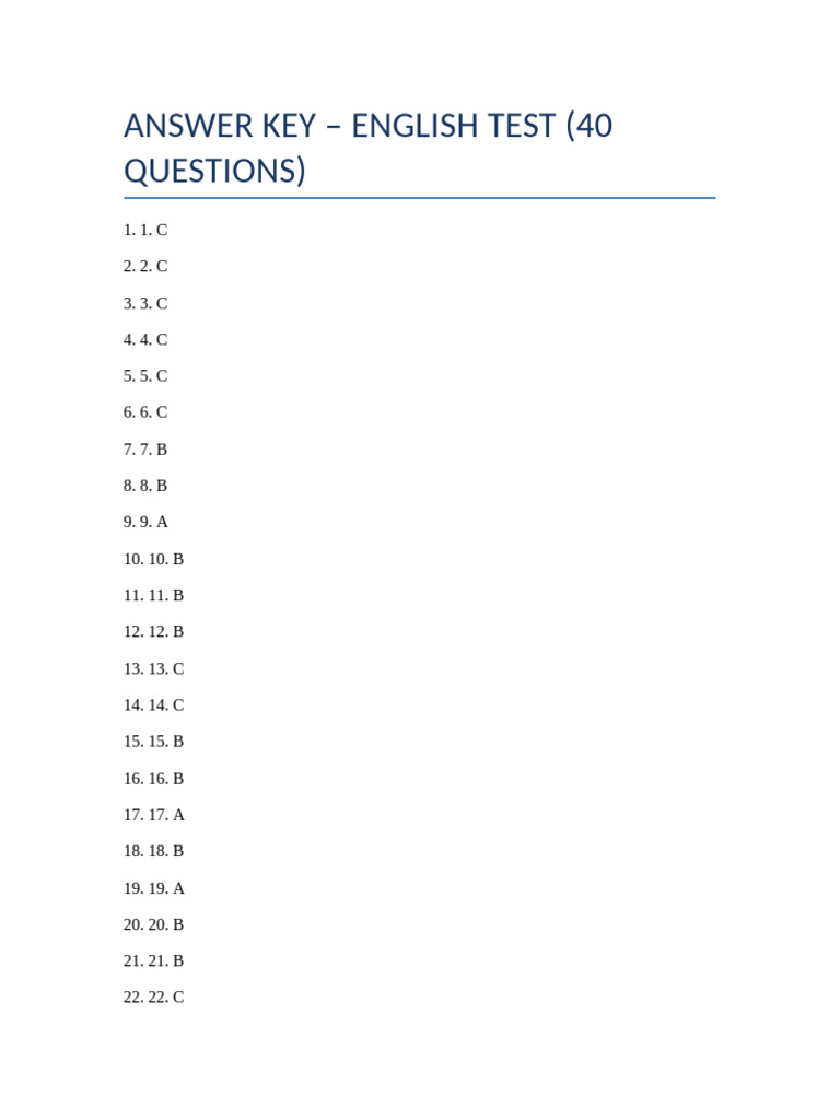 English Test Answer Key: 40 Questions | PDF