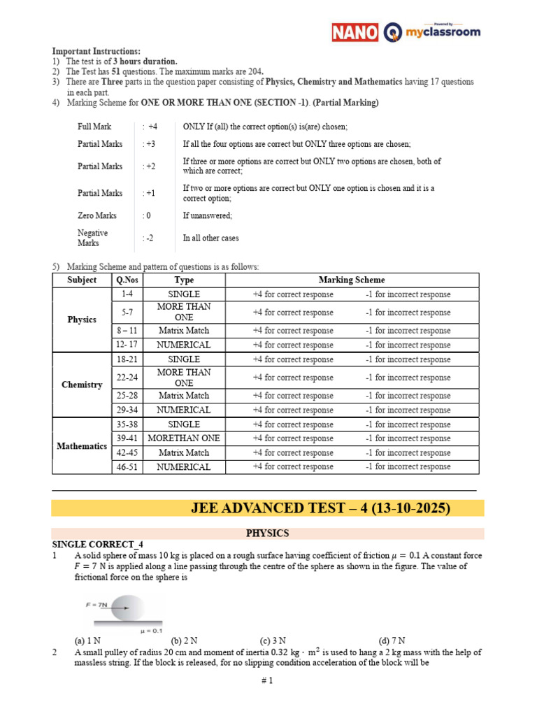 Junior JEE Advanced Test Instructions | PDF | Rotation Around A Fixed ...