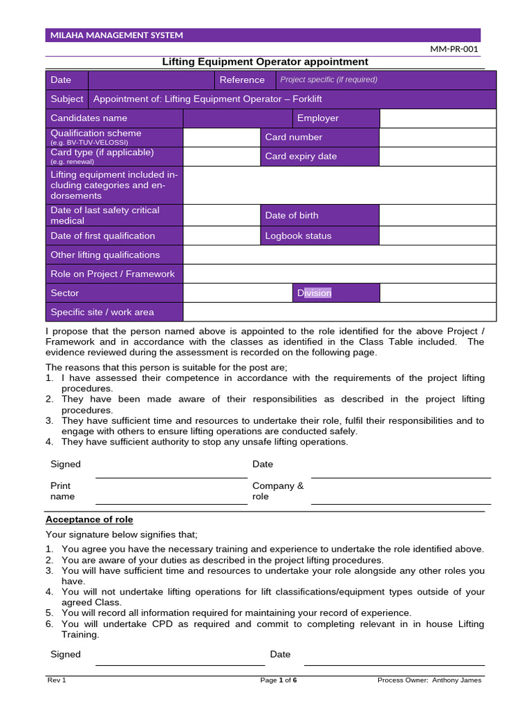 Lifting Equipment Operator Appointment Form | PDF | Crane (Machine ...
