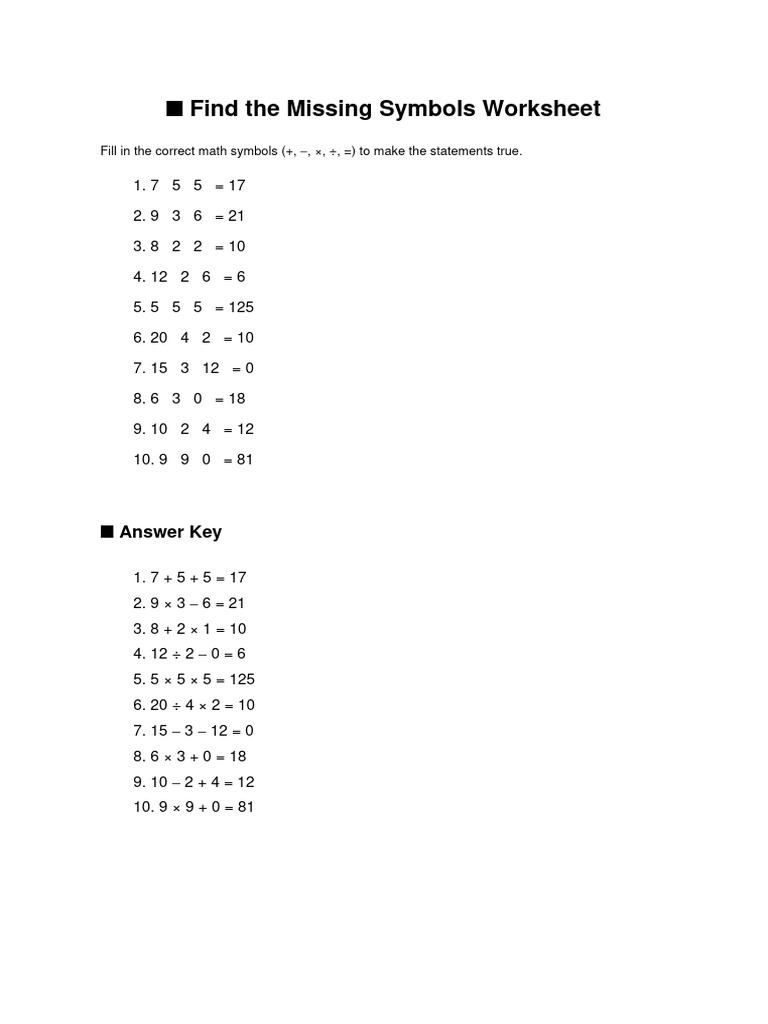 Find The Missing Symbols Worksheet: Answer Key | PDF