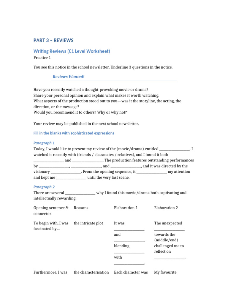 Movie Review Worksheet C1 | PDF