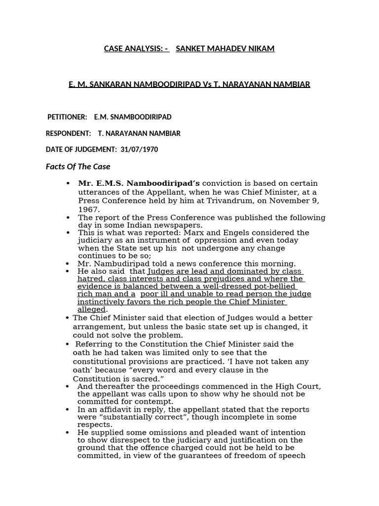 EMS Namboodiripad vs TN Nambiar Case Analysis | PDF | Government ...