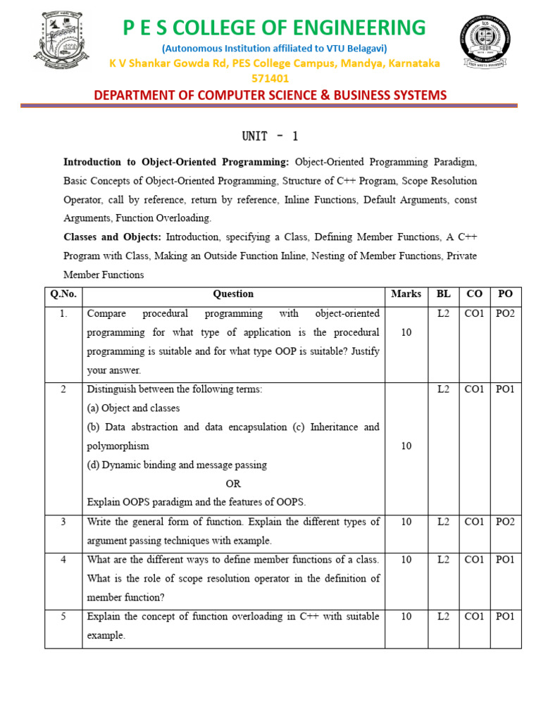 OOPs UNIT-1 Question Bank | PDF | Method (Computer Programming) | C++
