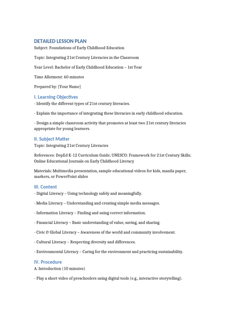 Integrating 21st Century Literacies ECE Lesson Plan | PDF | Literacy | Early Childhood Education