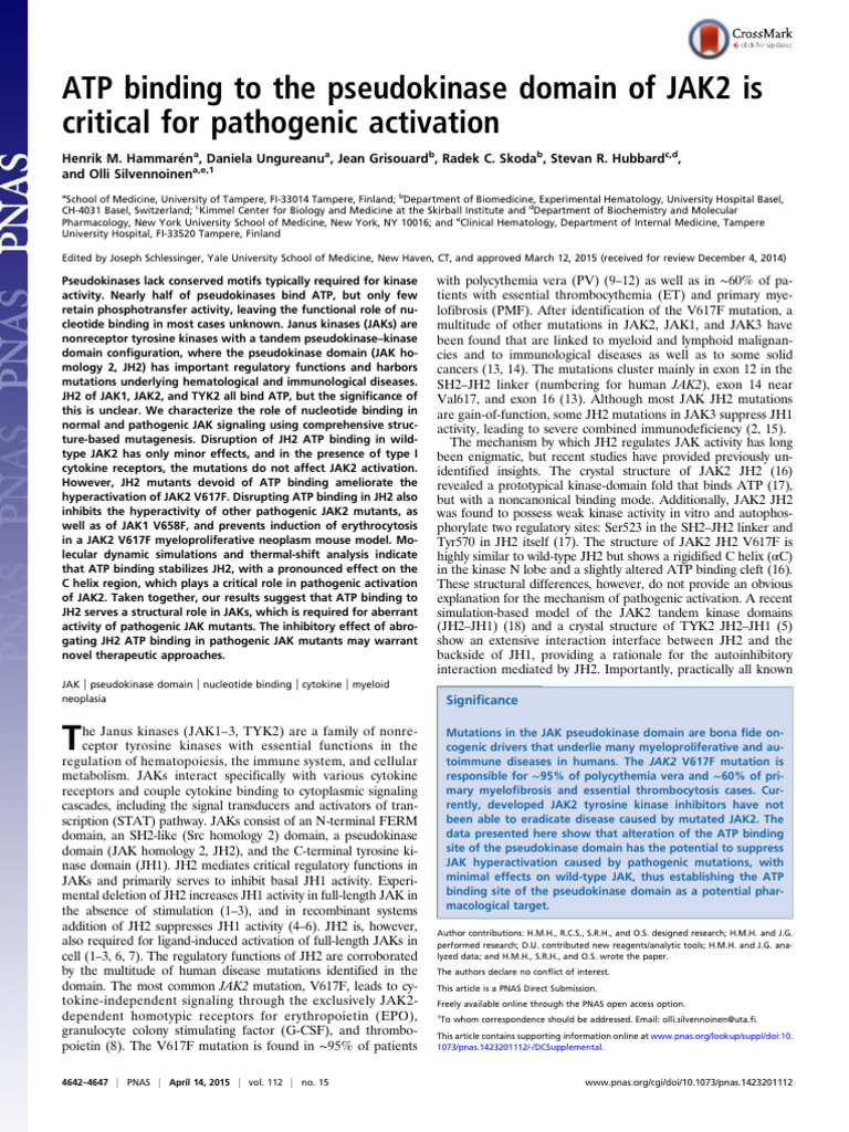 Hammarén Et Al Atp Binding To The Pseudokinase Domain of Jak2 Is ...