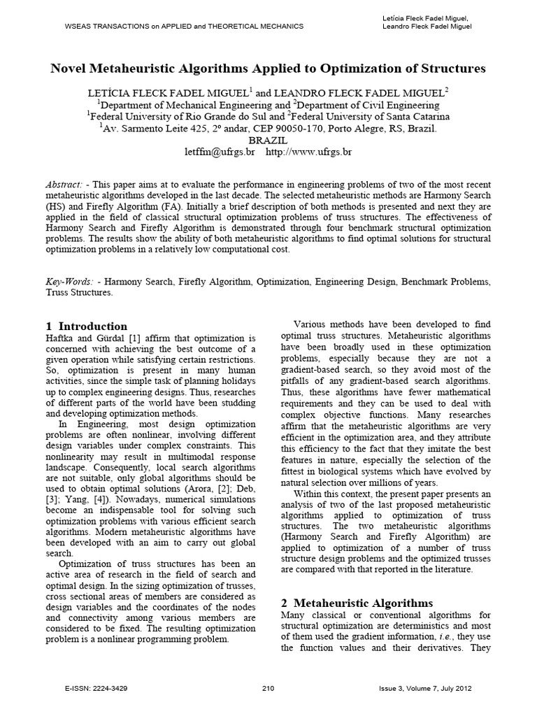 Novel Metaheuristic Algorithms Applied To Optimization of Structures | PDF | Mathematical ...
