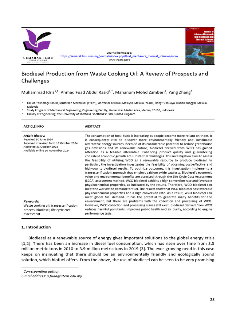 Biodiesel Production From Waste Cooking Oil A Review of Prospects and ...