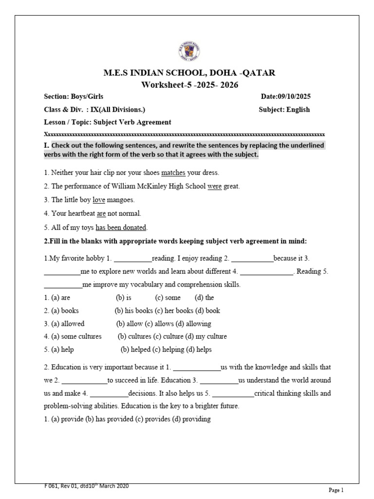 Subject-Verb Agreement Worksheet IX | PDF | Cognitive Science | Cognition