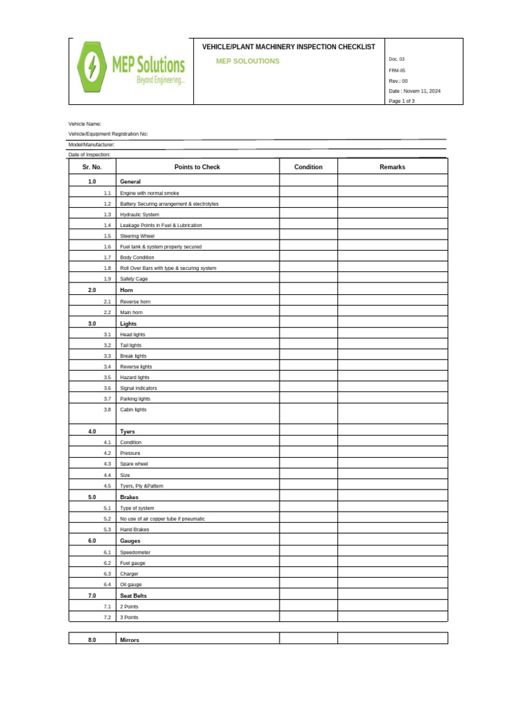 MANF-HSE FRM-19 Vehicle Plant Machinery Inspection Checklist | PDF ...