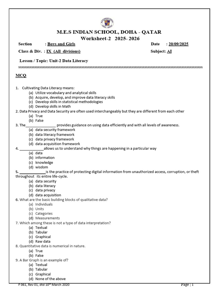AI Worksheet: Data Literacy Unit 2 | PDF | Data