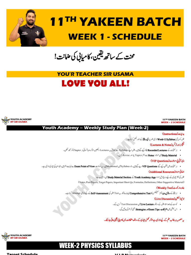 11th Yakeen Batch Week 2 Study Schedule | PDF | Chemical Bond | Force