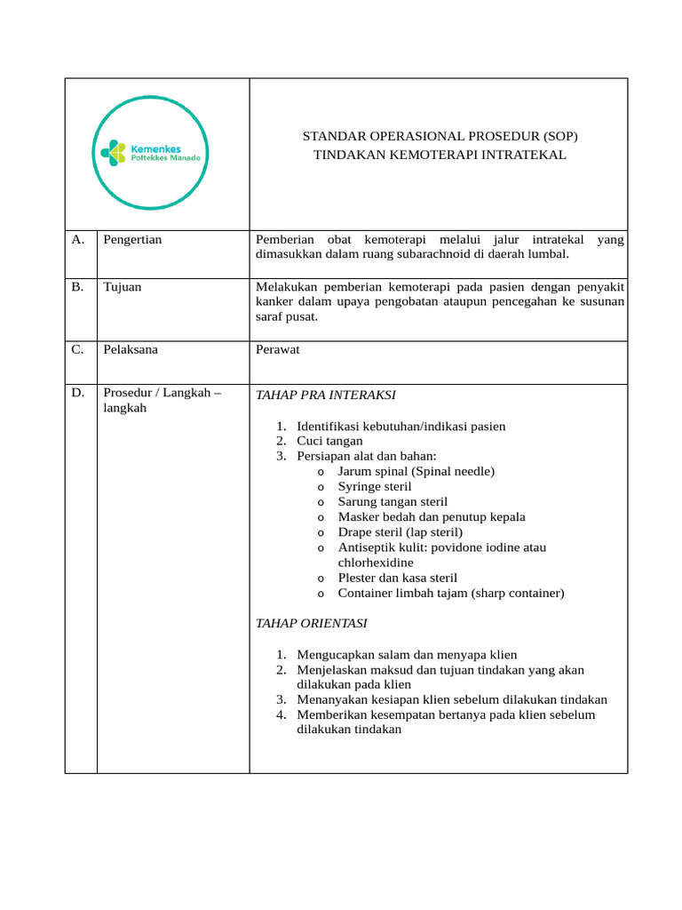 Sop Tindakan Kemoterapi Intratekal | PDF
