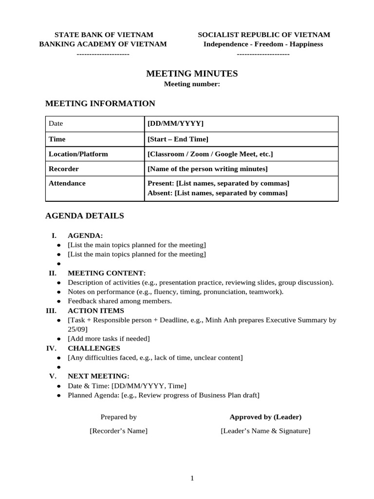 Meeting Minutes Template for Banking Academy | PDF
