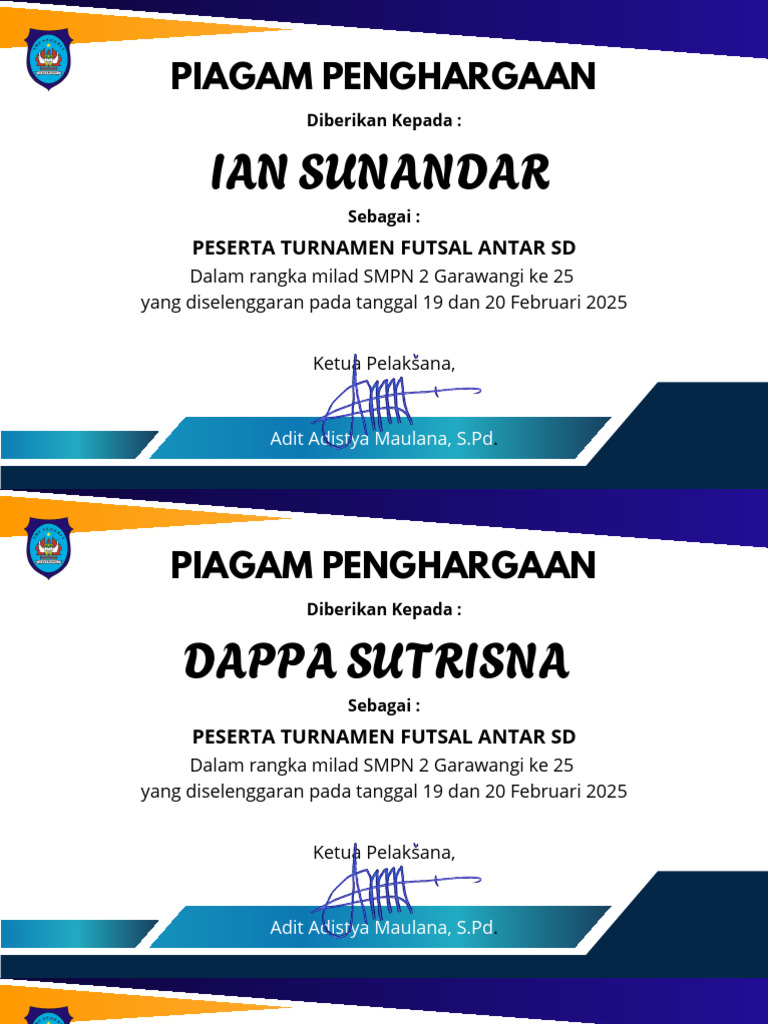 Piagam Peserta Futsal SMPN 2 Garawangi | PDF