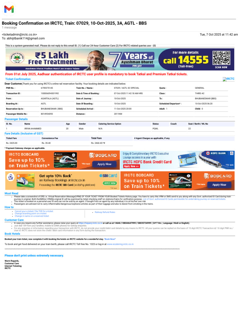 Gmail - Booking Confirmation On IRCTC, Train - 07029, 10-Oct-2025, 3A ...