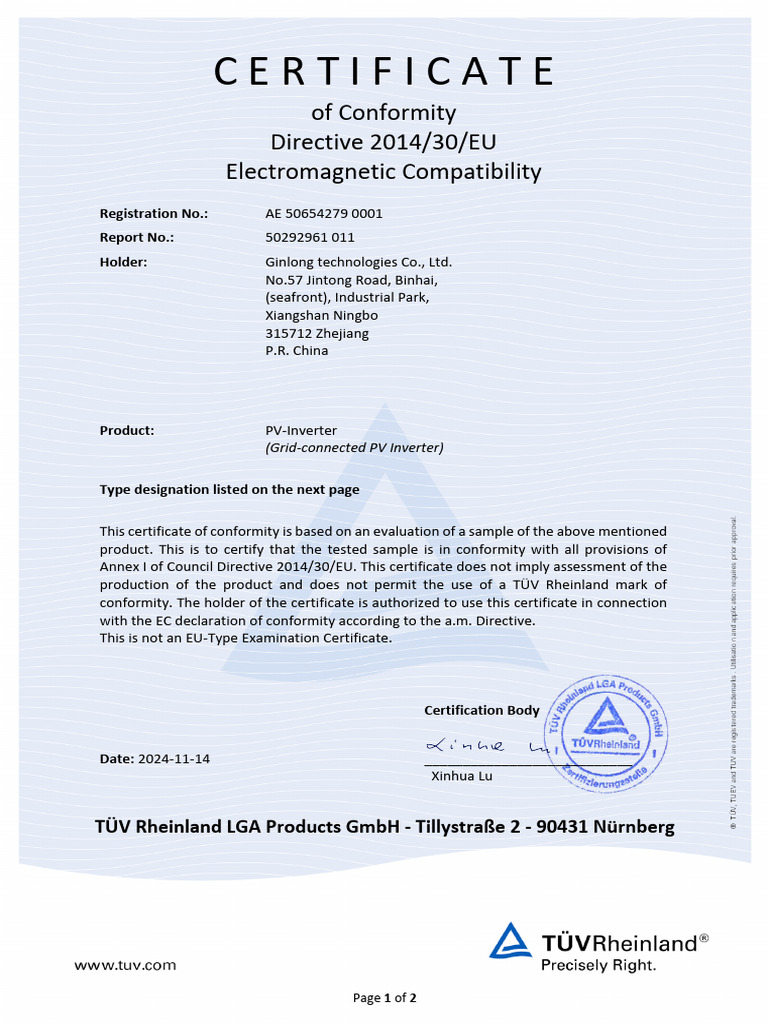 Certificate: of Conformity Directive 2014/30/EU Electromagnetic ...