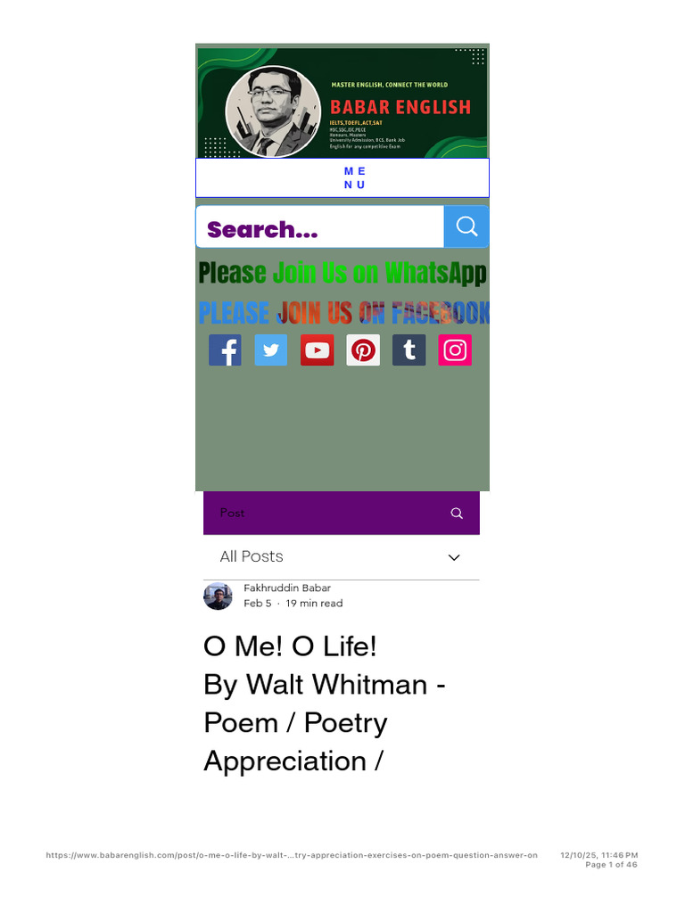 O Me! O Life! by Walt Whitman | PDF | Poetry