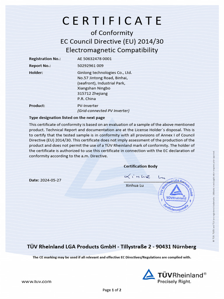 Solis Certificate IEC EN IEC 61000-6-1 (2,3,4) EN 55011 CISPR 11 1P (7 ...