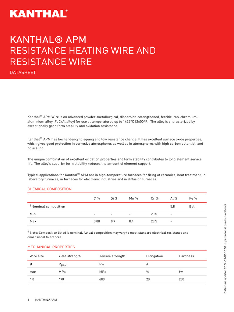 Kanthal APM Resistance Wire Datasheet | PDF | Alloy | Strength Of Materials