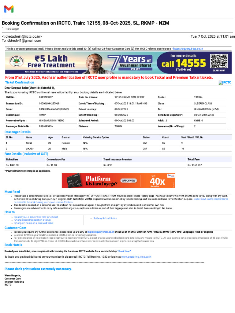 Gmail - Booking Confirmation On IRCTC, Train - 12155, 08-Oct-2025, SL, RKMP - NZM | PDF ...