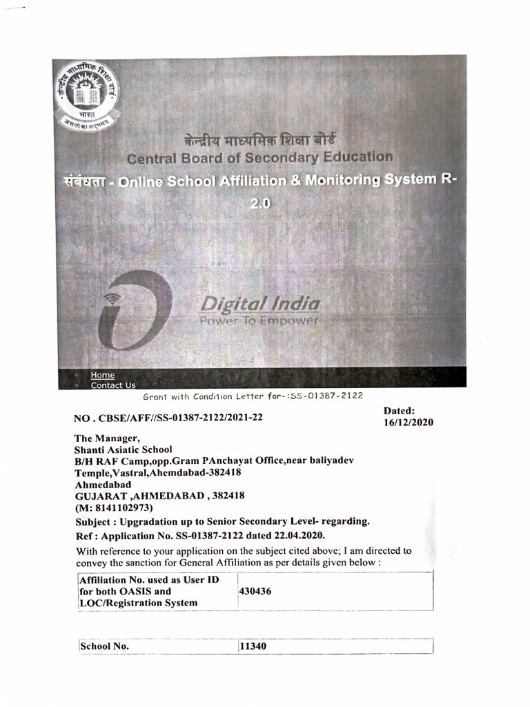 CBSE Affiliation Grant for Shanti Asiatic School | PDF | Schools