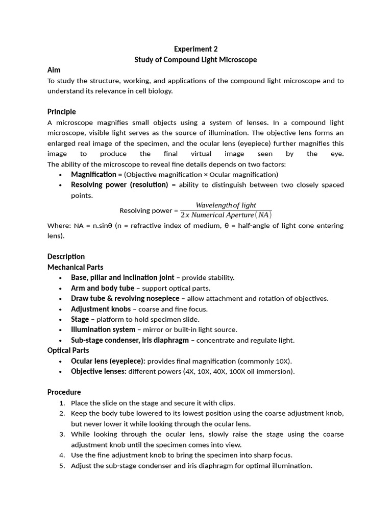 Experiment 2 - Study of Light Microscope | PDF | Angular Resolution | Applied And ...