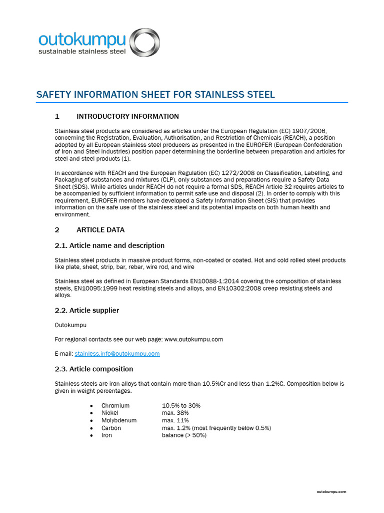 Stainless Steel Safety Information Sheet | PDF | Nickel | Chromium