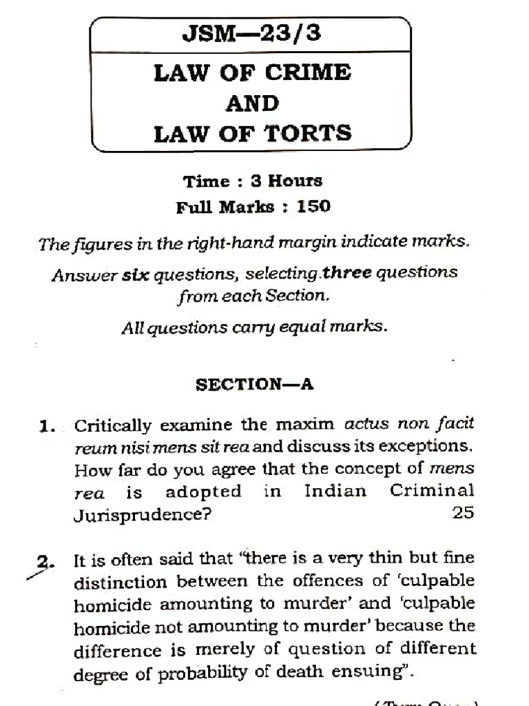 OJS 2023 Law of Crime & Torts Question Paper | PDF