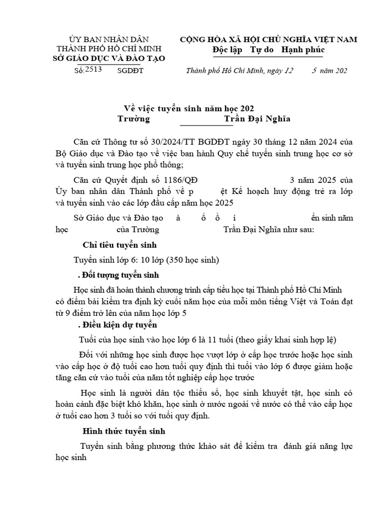 2513_400_TB Tuyen Sinh THCS - THPT Tran Dai Nghia | PDF