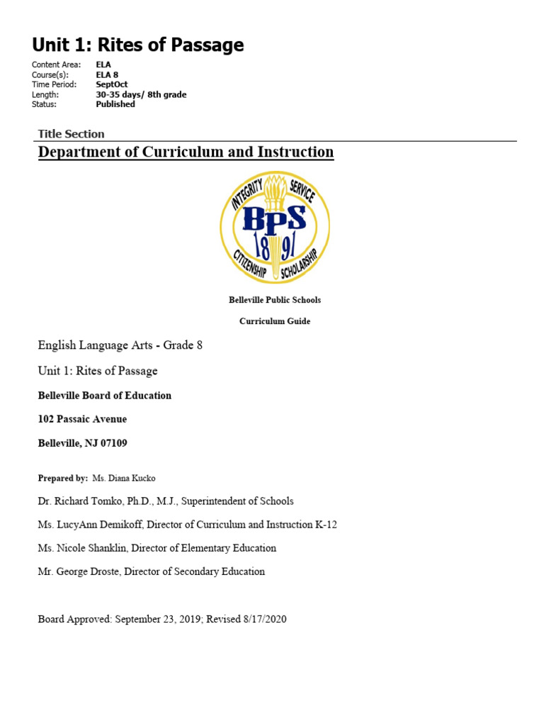 Unit - Unit 1 - Rites of Passage - 20250902141214 | PDF | Narrative ...