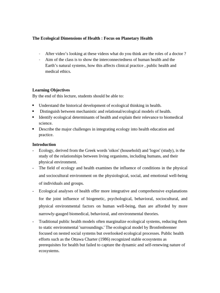 Ecological Dimensions of Health LectureNotes 2025 | PDF | Ecology ...