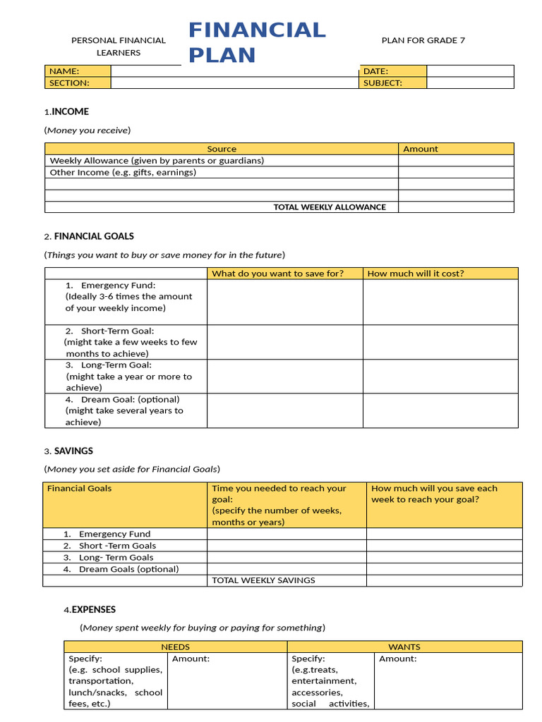 Grade 7 Personal Financial Plan Guide | PDF | Pie Chart | Expense