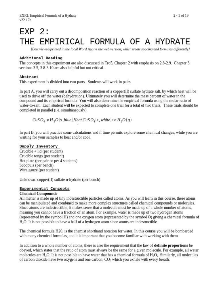 EXP2.Empirical Formula of A Hydrate, v22.12b | PDF | Mole (Unit ...