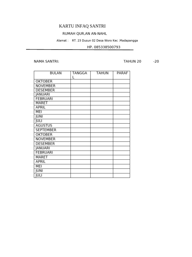 Kartu Infaq Santri Rumah Qur'an An-Nahl | PDF