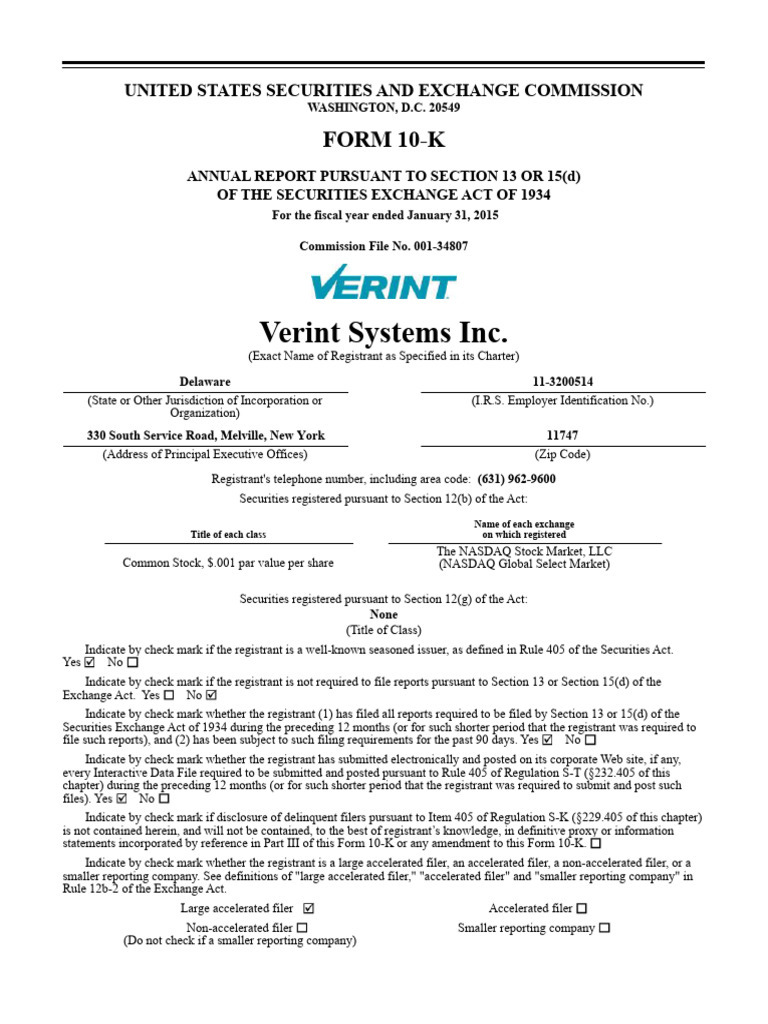 Verint Systems 2015 Annual Report 10-K | PDF | Form 10 K | Computer ...