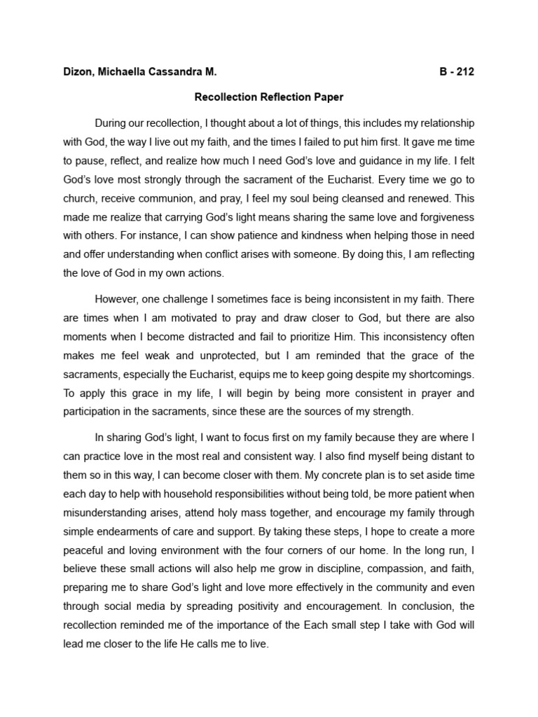 Dizon, Michaella - Recollection Reflection Paper | PDF | Eucharist | Love