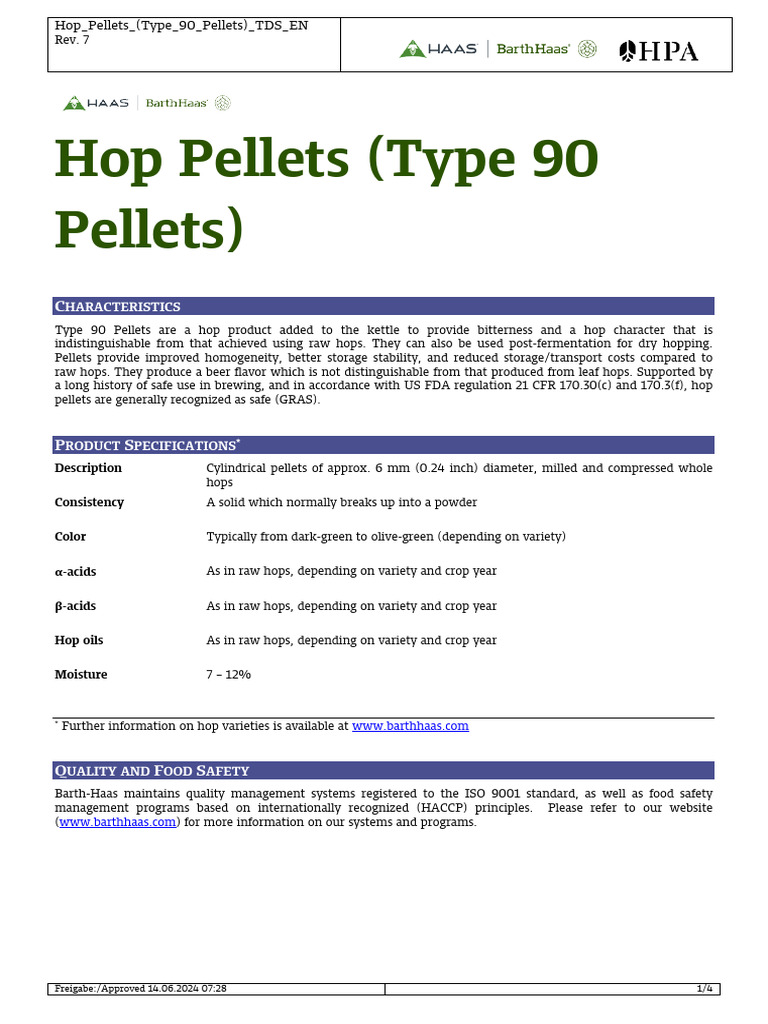 Type 90 Hop Pellets Technical Data Sheet | PDF | Hops