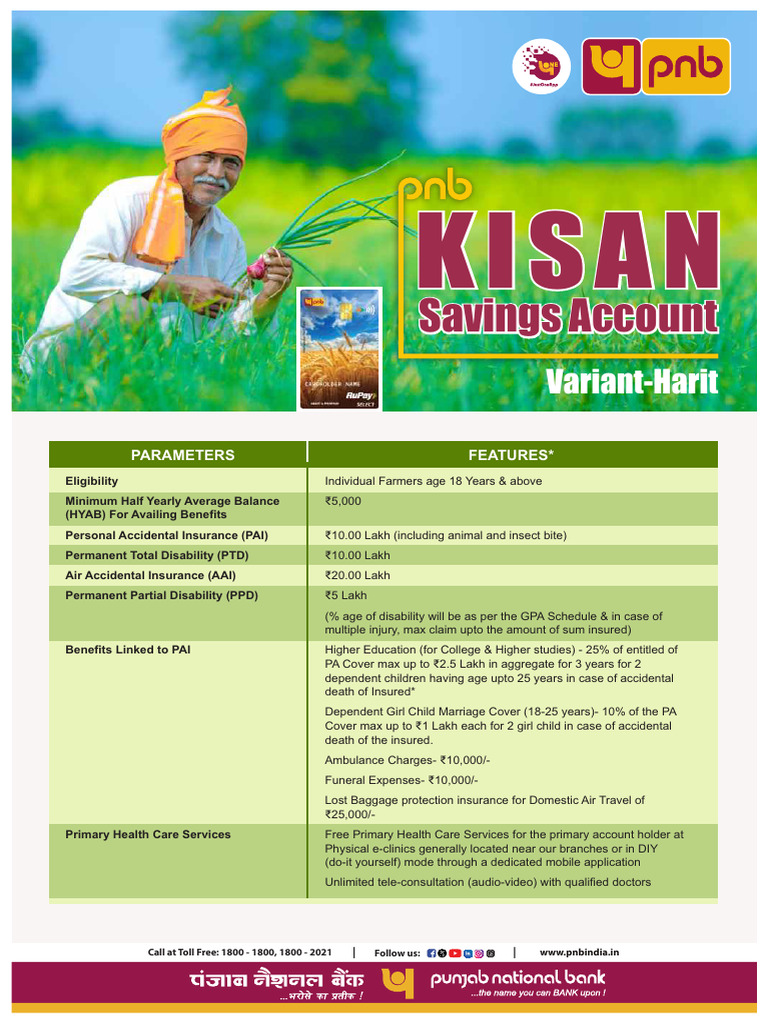 PNB Kisan Harit Savings Account Benefits | PDF | Debit Card | Service ...