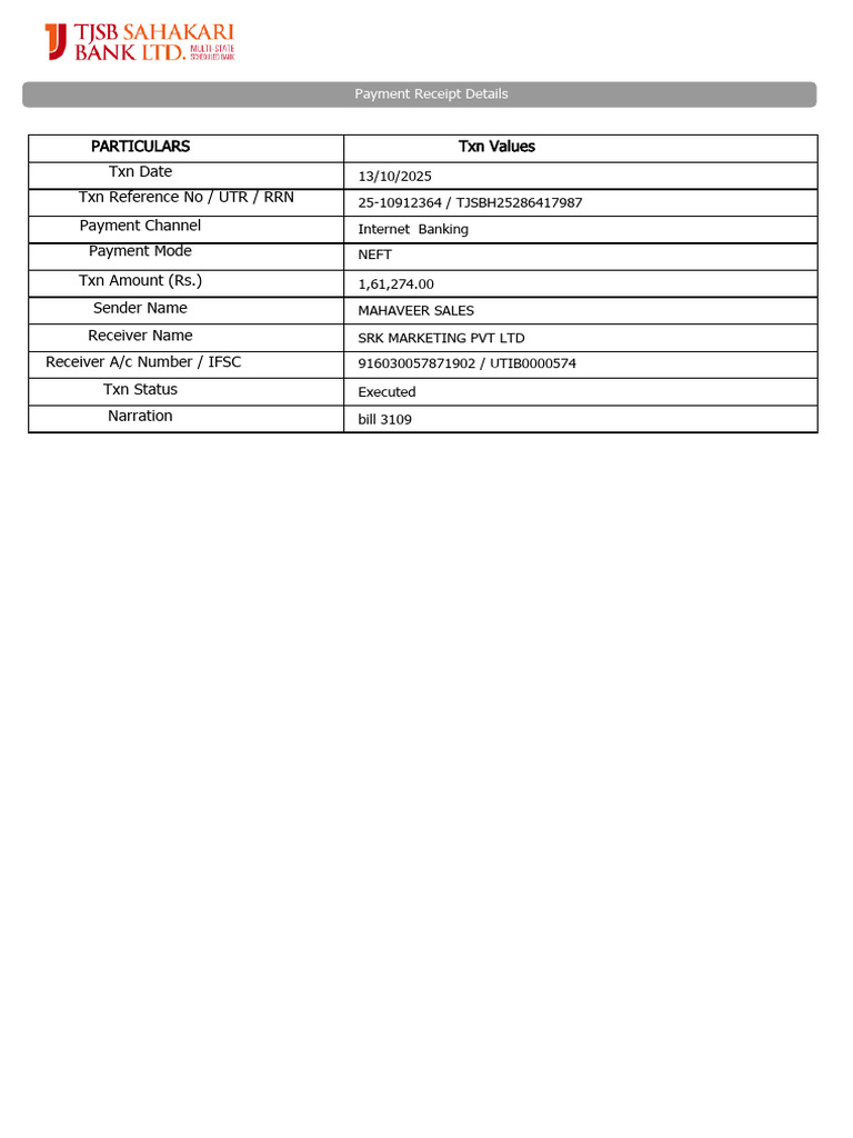 Payment Receipt for NEFT Transaction | PDF