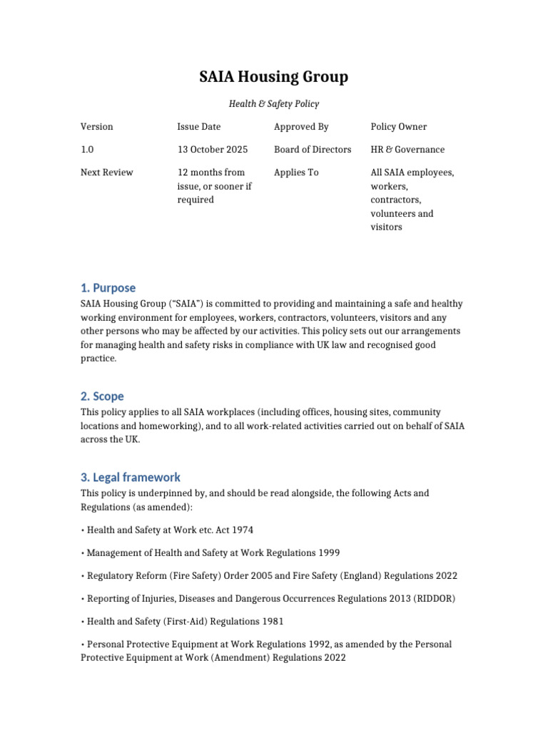 SAIA Housing Health & Safety Policy | PDF | Occupational Safety And ...