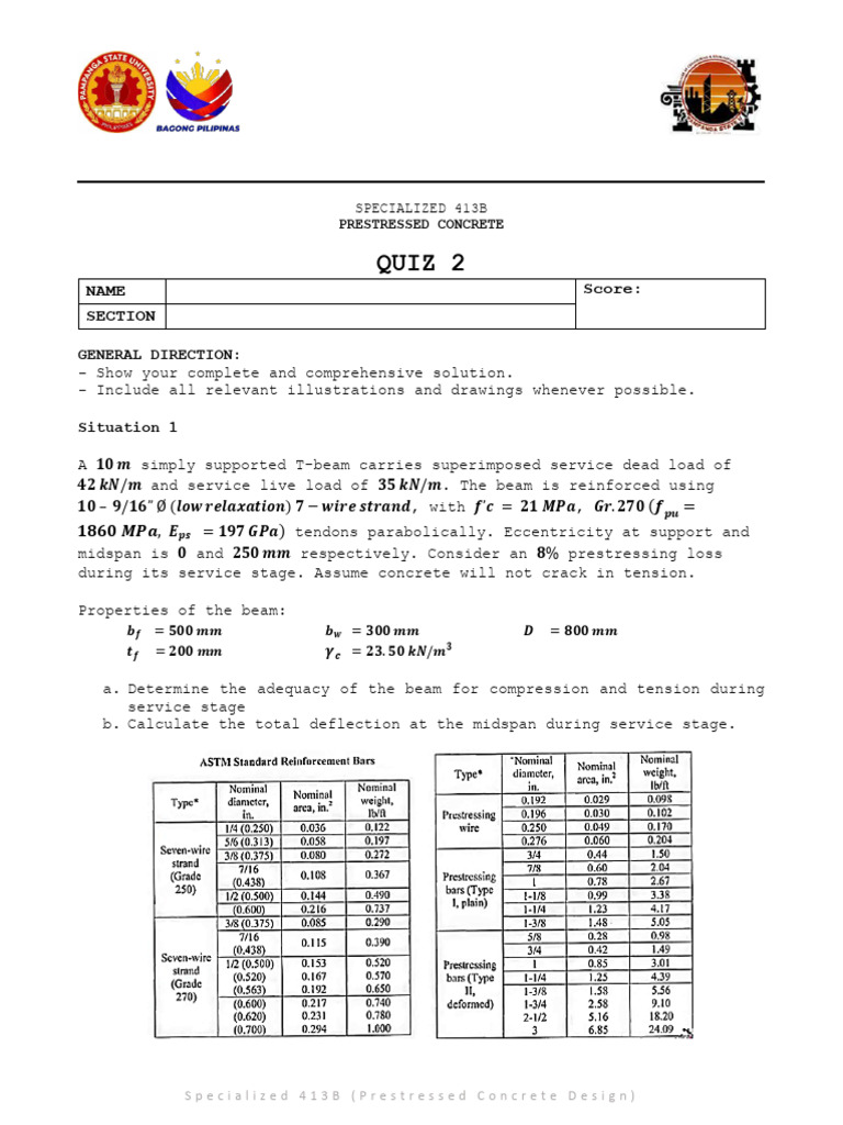 Answer Key Quiz 2 Prestressed Concrete Design | PDF | Beam (Structure ...
