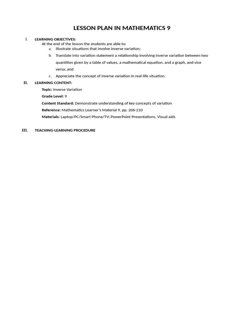 Inverse Variation Lesson Plan for Grade 9 | PDF | Variable (Mathematics ...